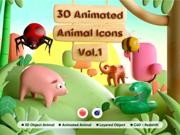 3D Animated Animals Vol. 1 | C4D, MP4 & GIF