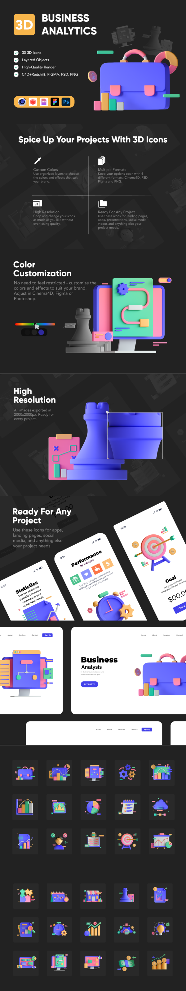 3D Business Analytics Icon Set - Flat Icons