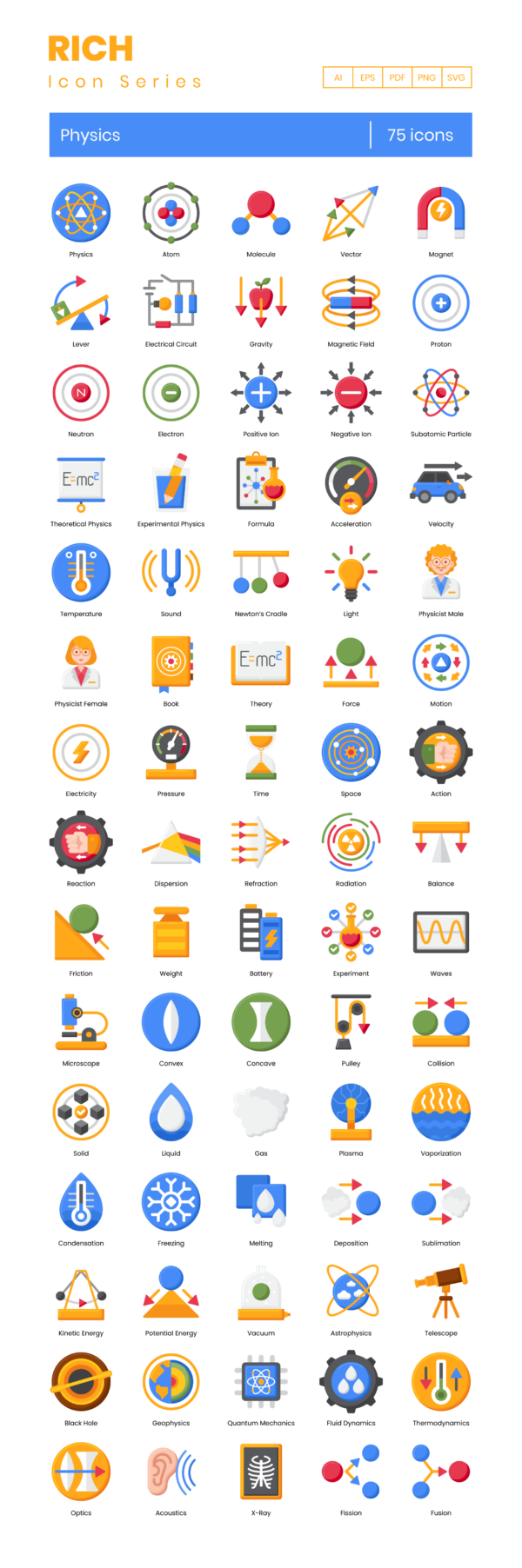 75 Physics Icon Set - Flat Icons 75 Physics Icon Set - Flat Icons