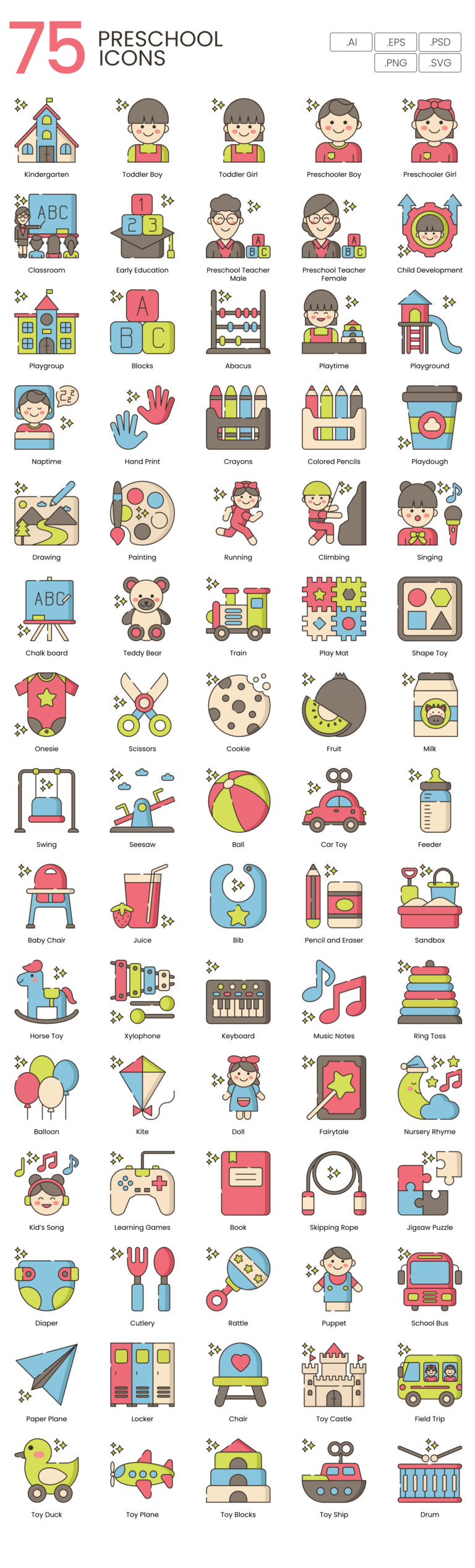 75 Preschool (Kindergarten) Icon Set - Flat Icons