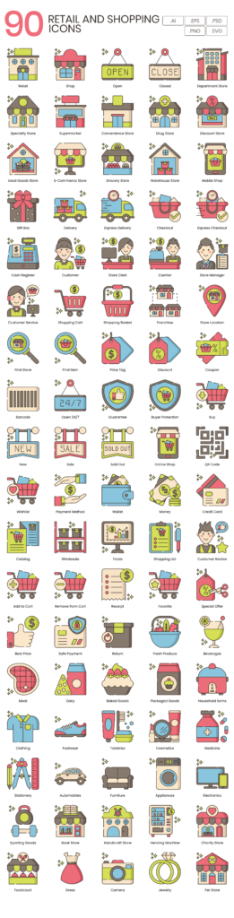 90 Retail and Shopping Icon Set - Flat Icons