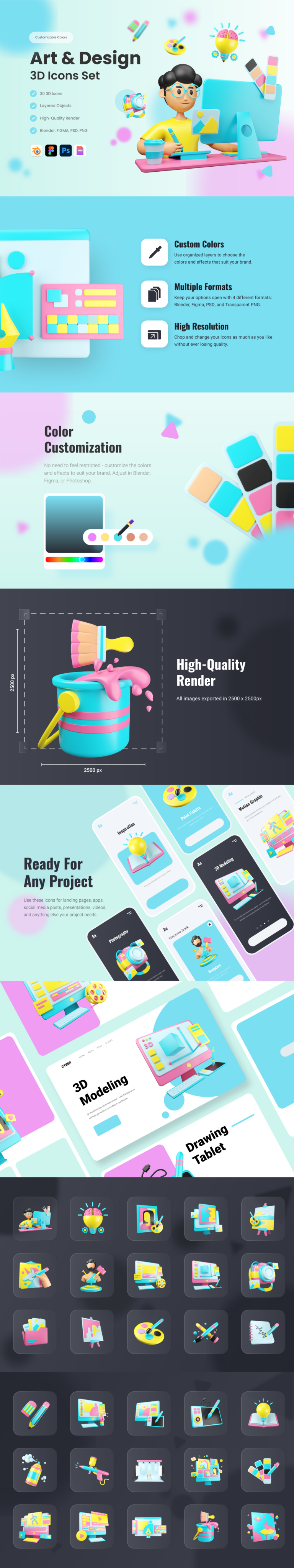 3D Art & Design Icon Set - Flat Icons