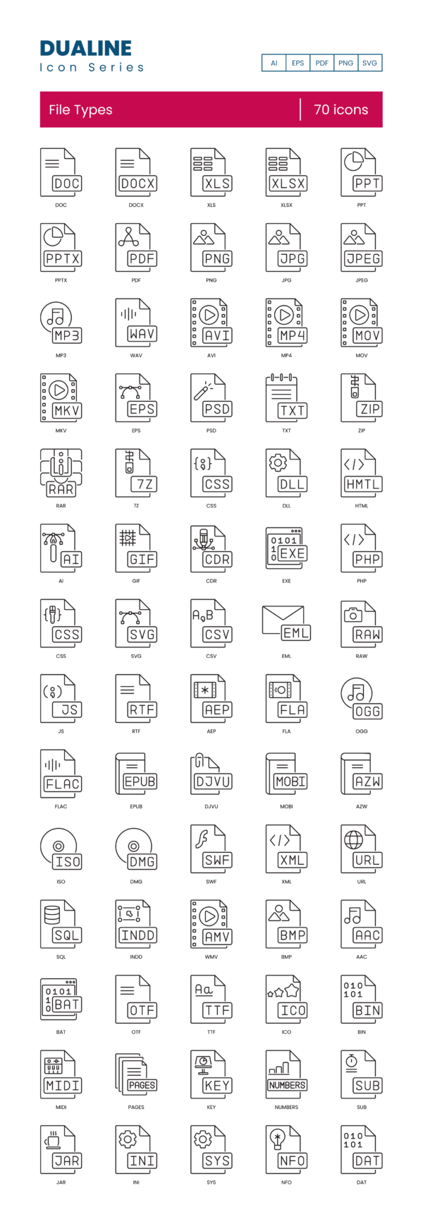 70 File Types Icon Set - Flat Icons