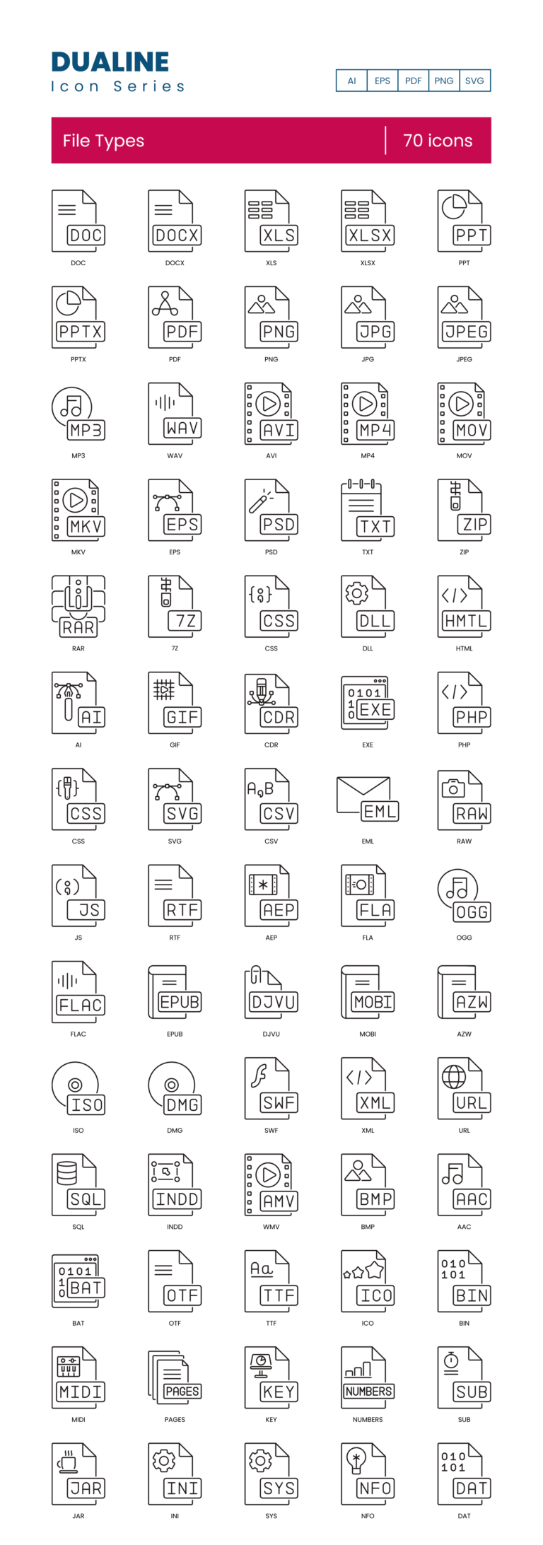 70 File Types Icon Set - Flat Icons