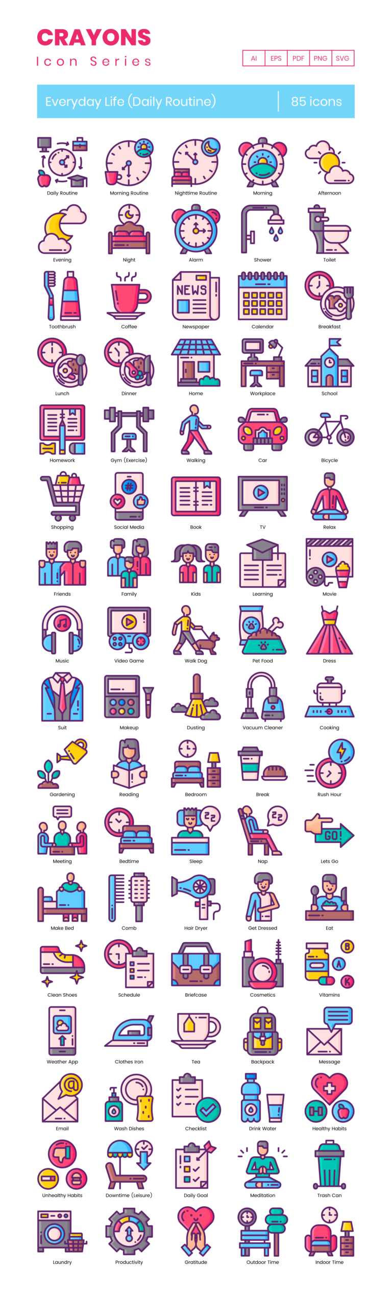 85 Everyday Life (Daily Routine) Icon Set - Flat Icons