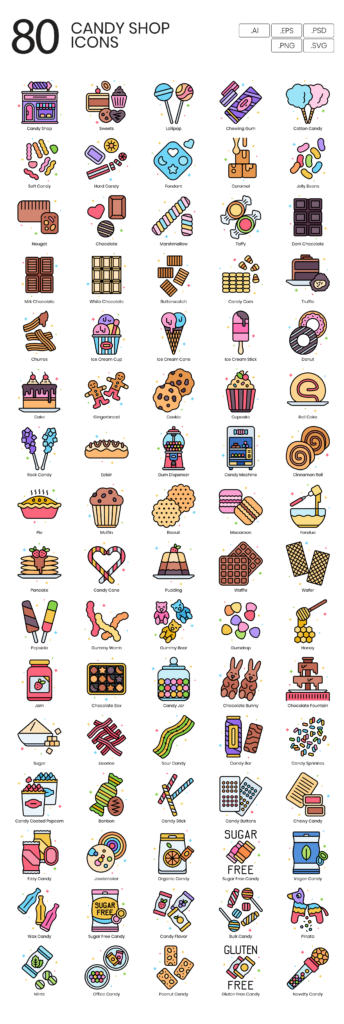 80 Candy Shop Icon Set - Flat Icons