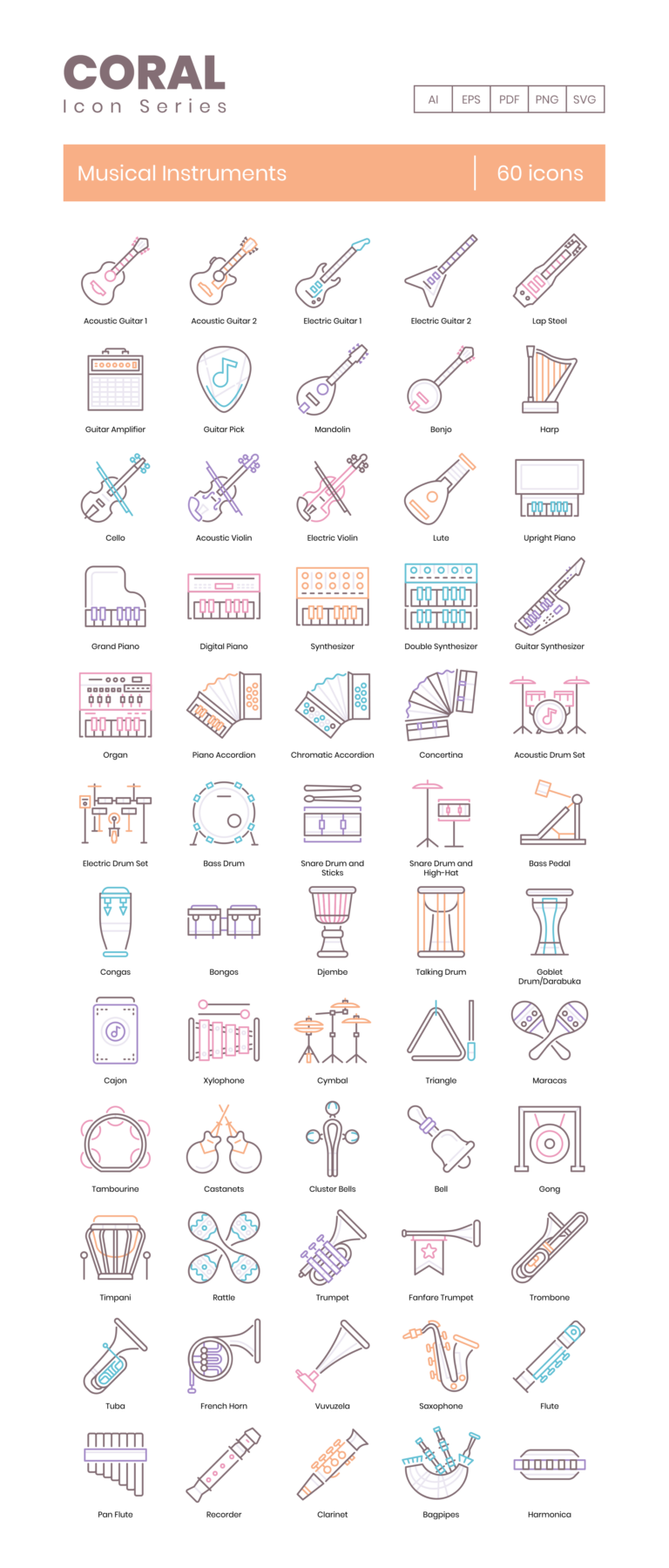 60 Musical Instruments Icon Set - Flat Icons