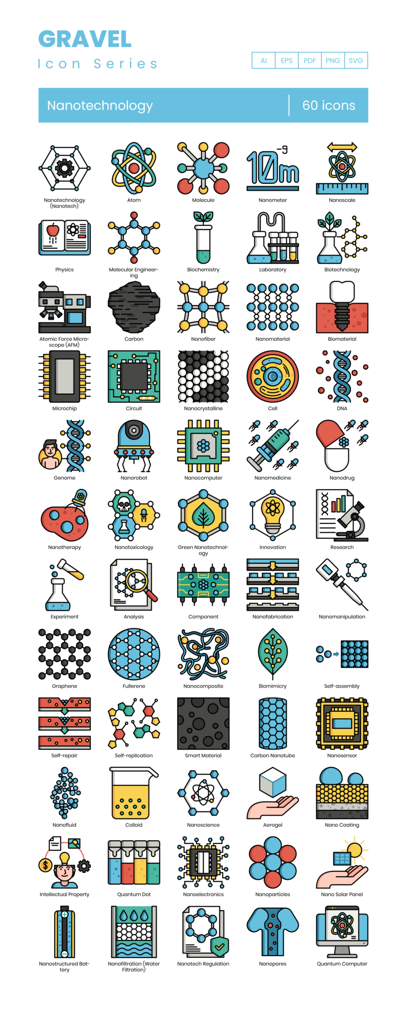60 Nanotechnology Icon Set - Flat Icons