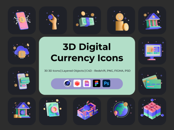 3D Digital Currency Icon Set - Flat Icons