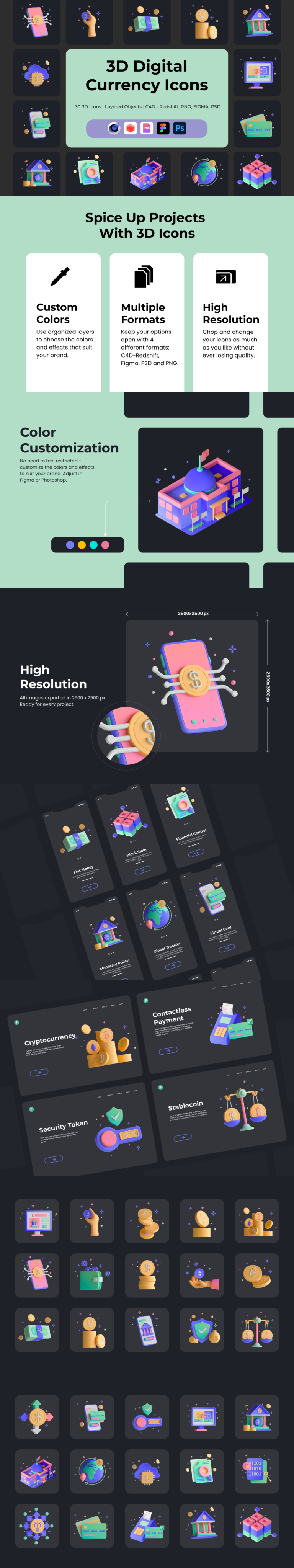 3D Digital Currency Icon Set - Flat Icons