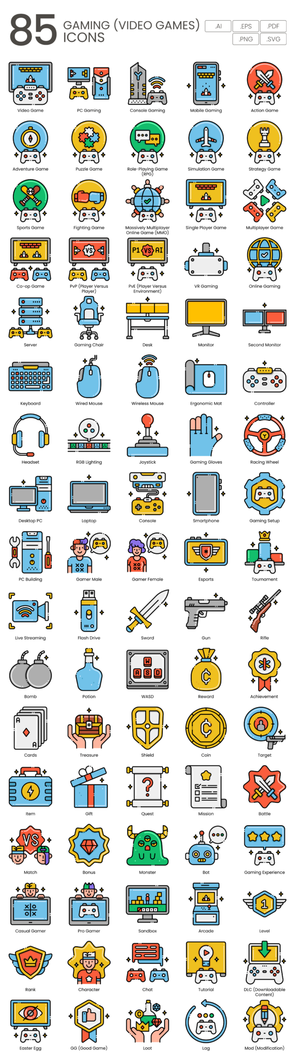 85 Gaming (Video Games) Icon Set - Flat Icons