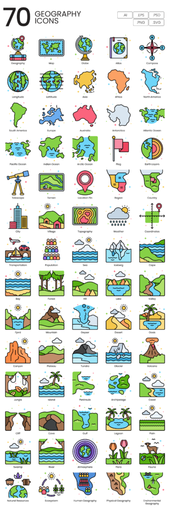 70 Geography Icon Set - Flat Icons