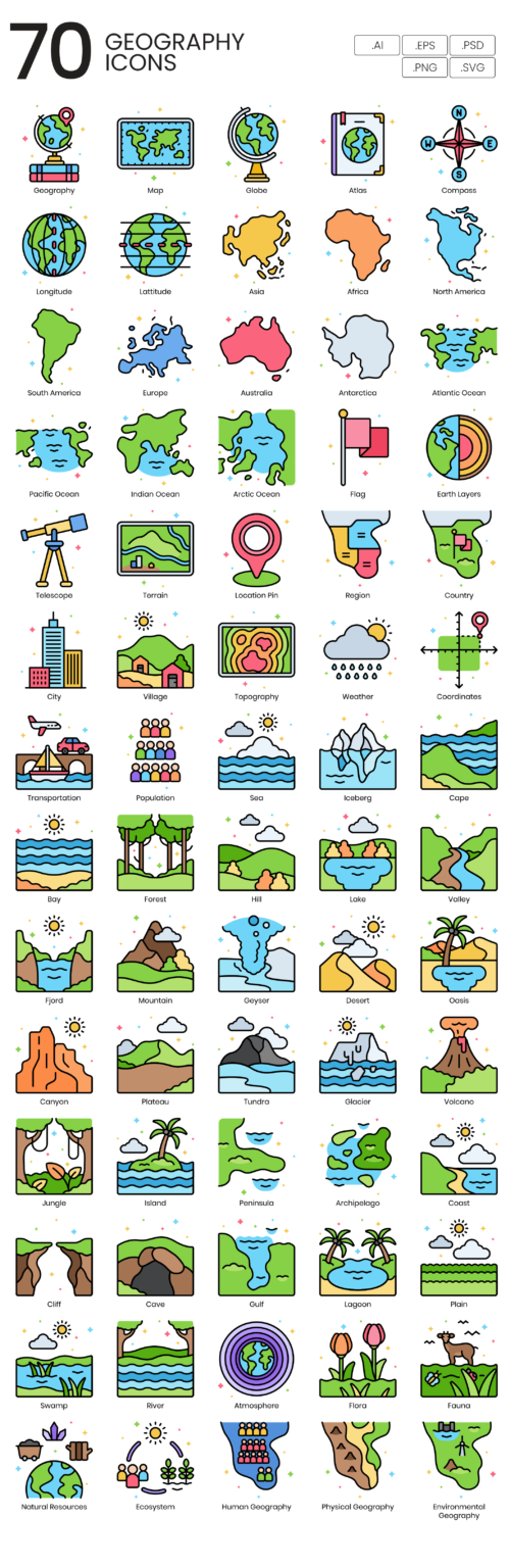 70 Geography Icon Set - Flat Icons