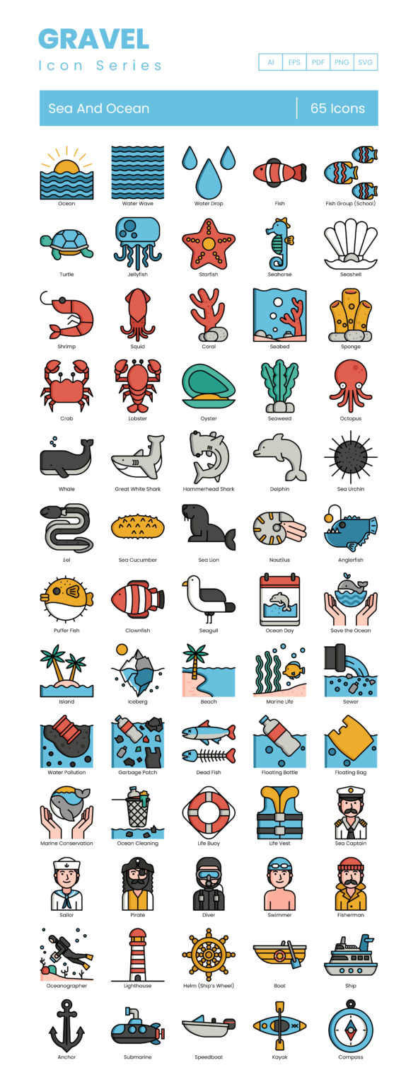 65 Sea and Ocean Icon Set - Flat Icons