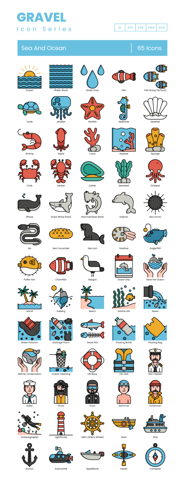 65 Sea and Ocean Icon Set - Flat Icons