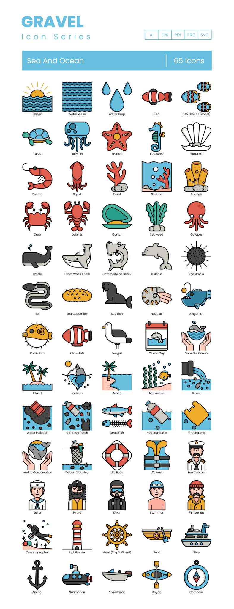 65 Sea and Ocean Icon Set - Flat Icons