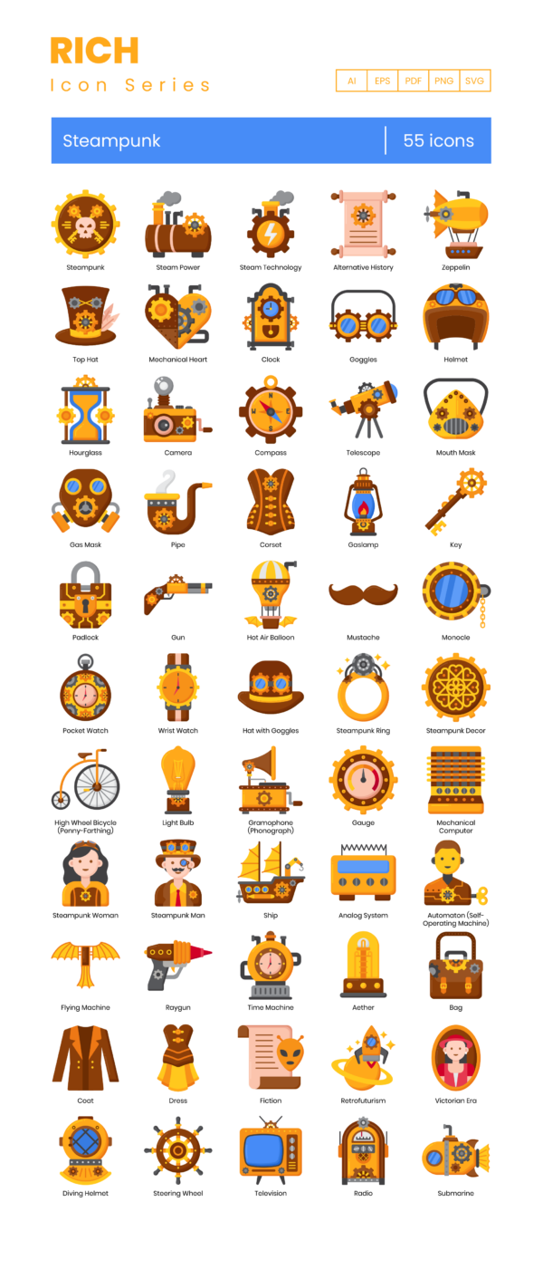 55 Steampunk Icon Set - Flat Icons