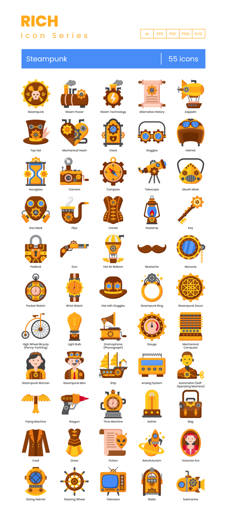 55 Steampunk Icon Set - Flat Icons
