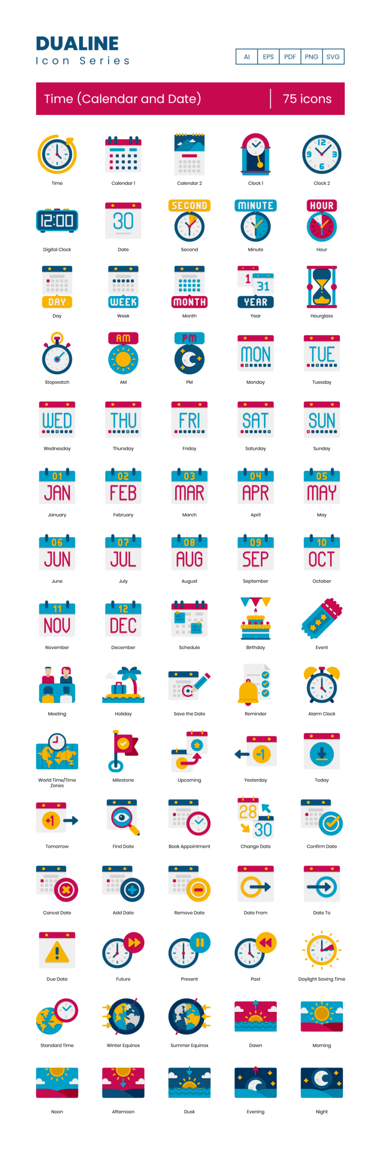 75 Time (Calendar and Date) Icon Set - Flat Icons