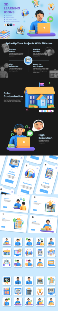 3D Learning Icon Set - Flat Icons