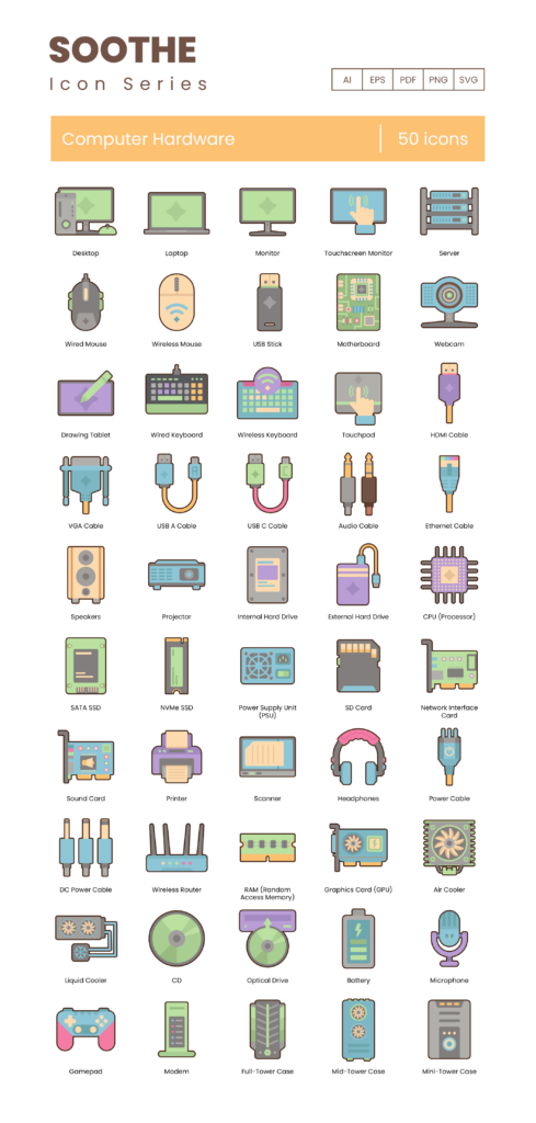 50 Computer Hardware Icon Set - Flat Icons