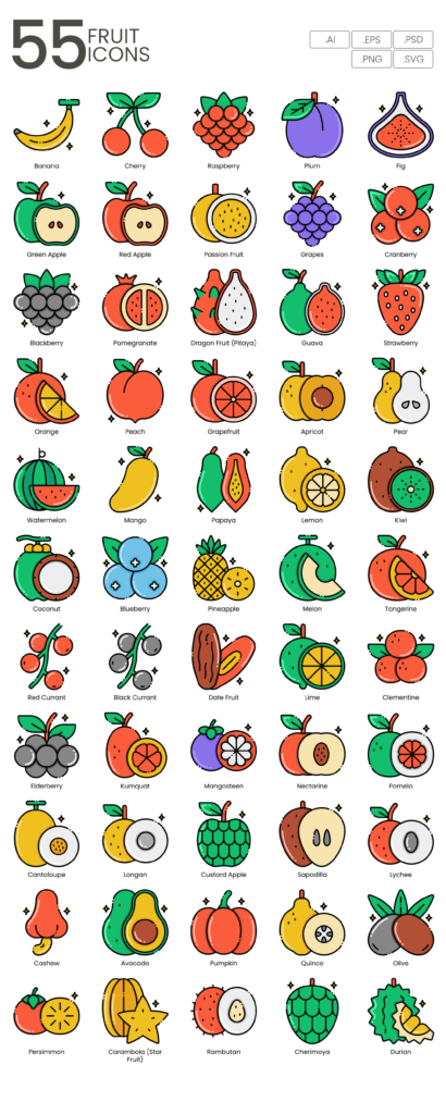 55 Fruit Icon Set - Flat Icons