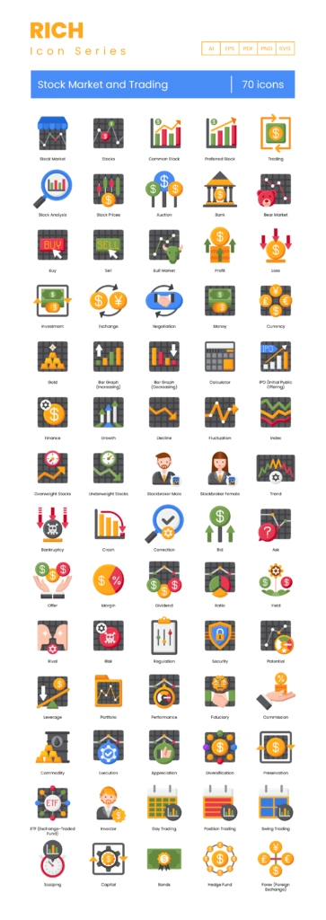 70 Stock Market and Trading Icon Set - Flat Icons