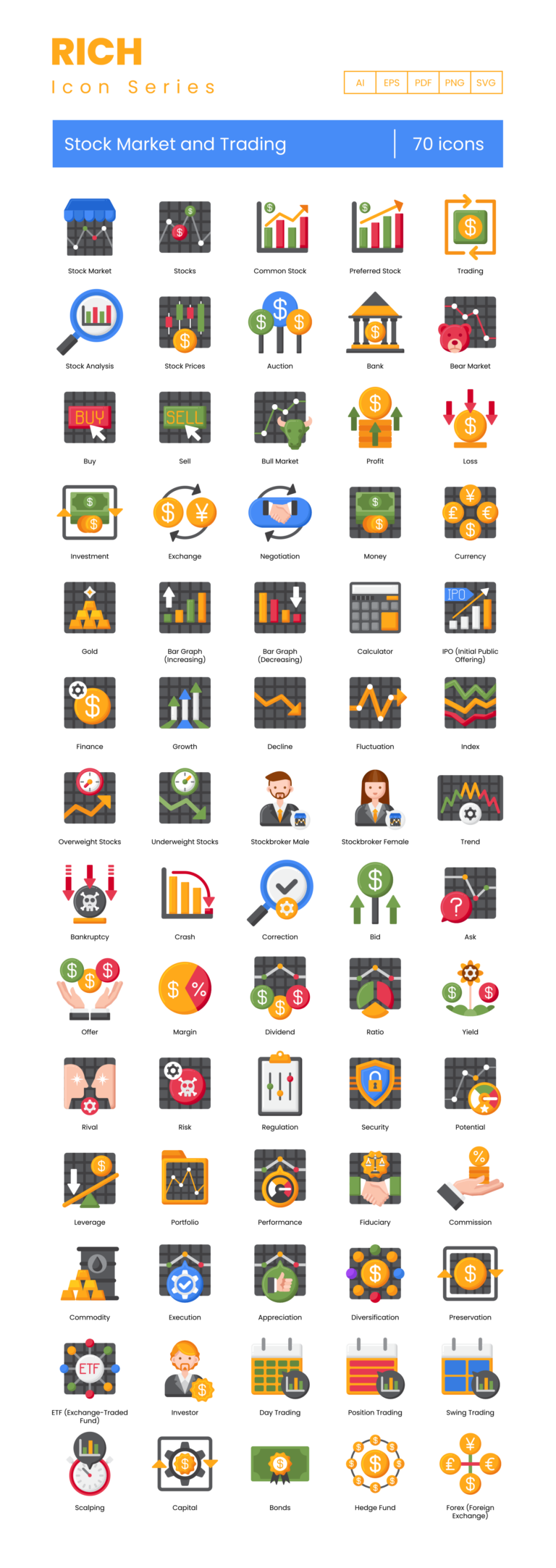 70 Stock Market and Trading Icon Set - Flat Icons