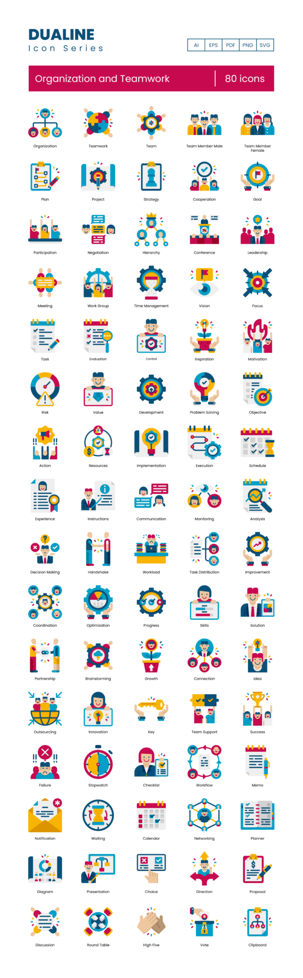 80 Organization and Teamwork Icon Set - Flat Icons