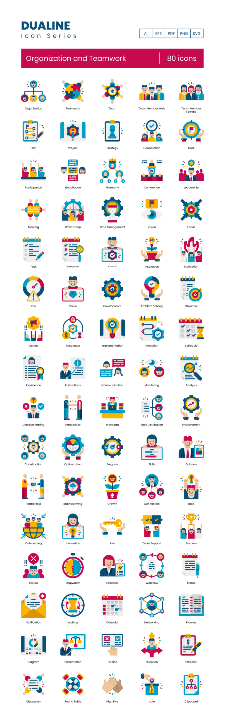 80 Organization and Teamwork Icon Set - Flat Icons