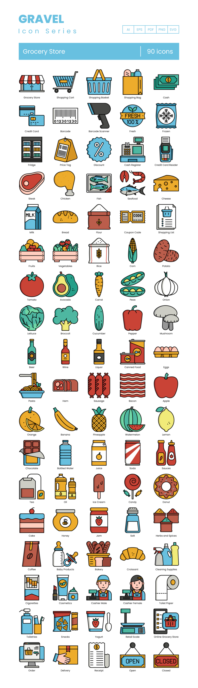 90 Grocery Store Icon Set - Flat Icons
