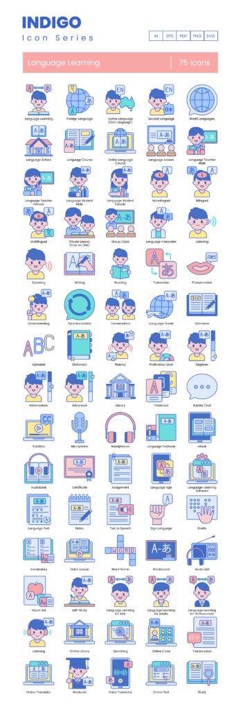 75 Language Learning Icon Set - Flat Icons