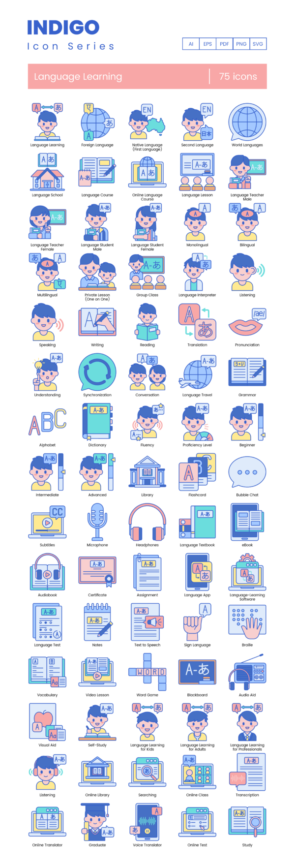 75 Language Learning Icon Set - Flat Icons
