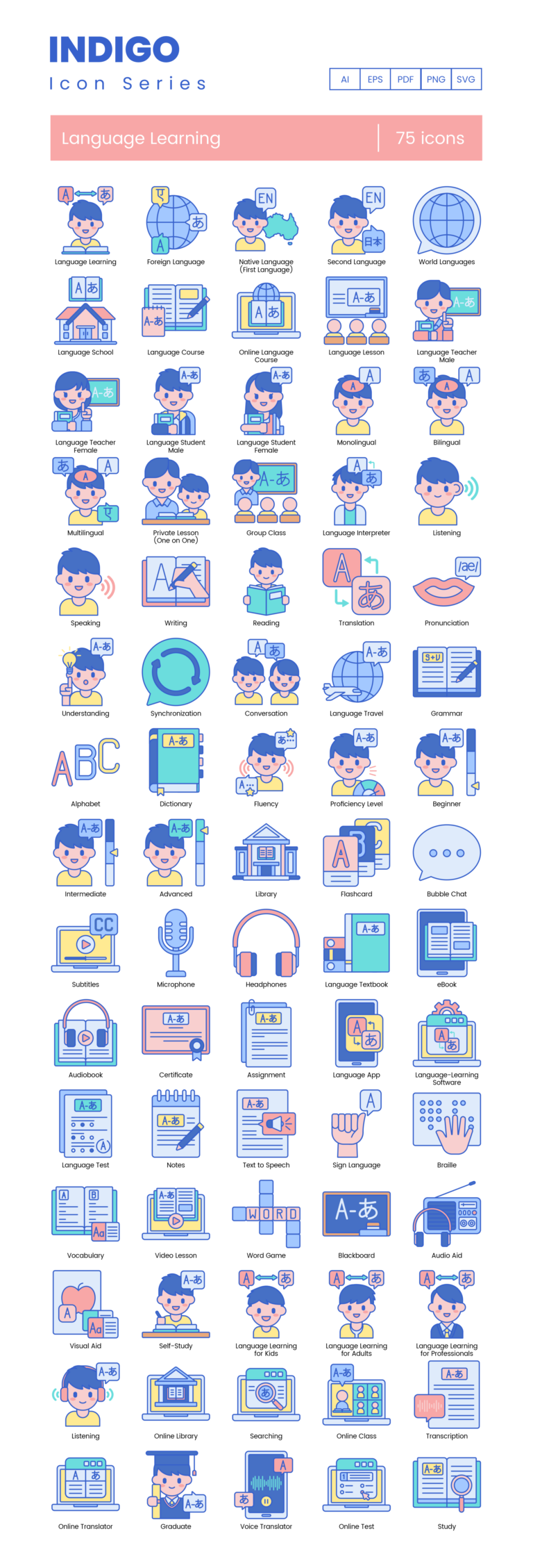 75 Language Learning Icon Set - Flat Icons