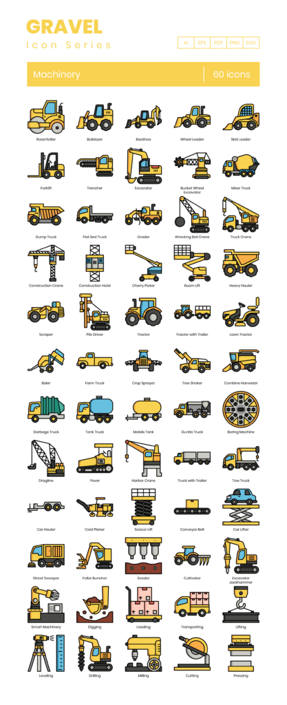60 Machinery Icon Set - Flat Icons