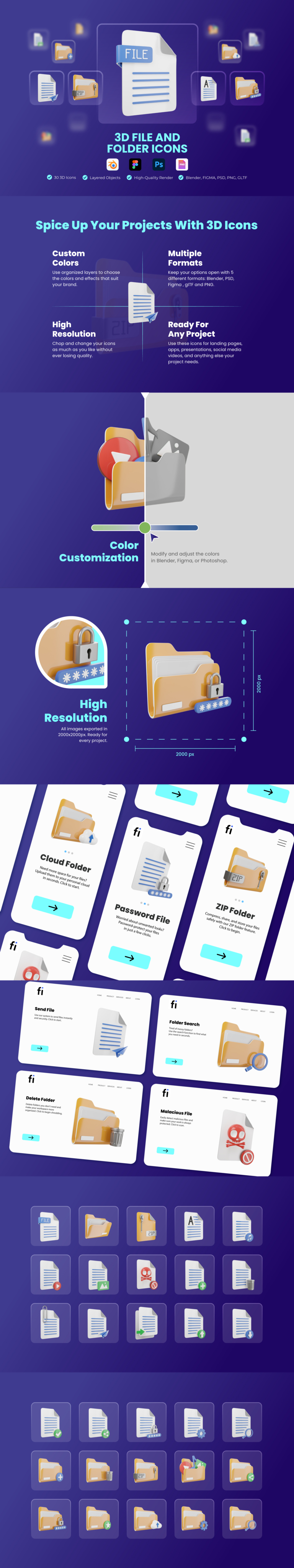3D File and Folder Icon Set - Flat Icons