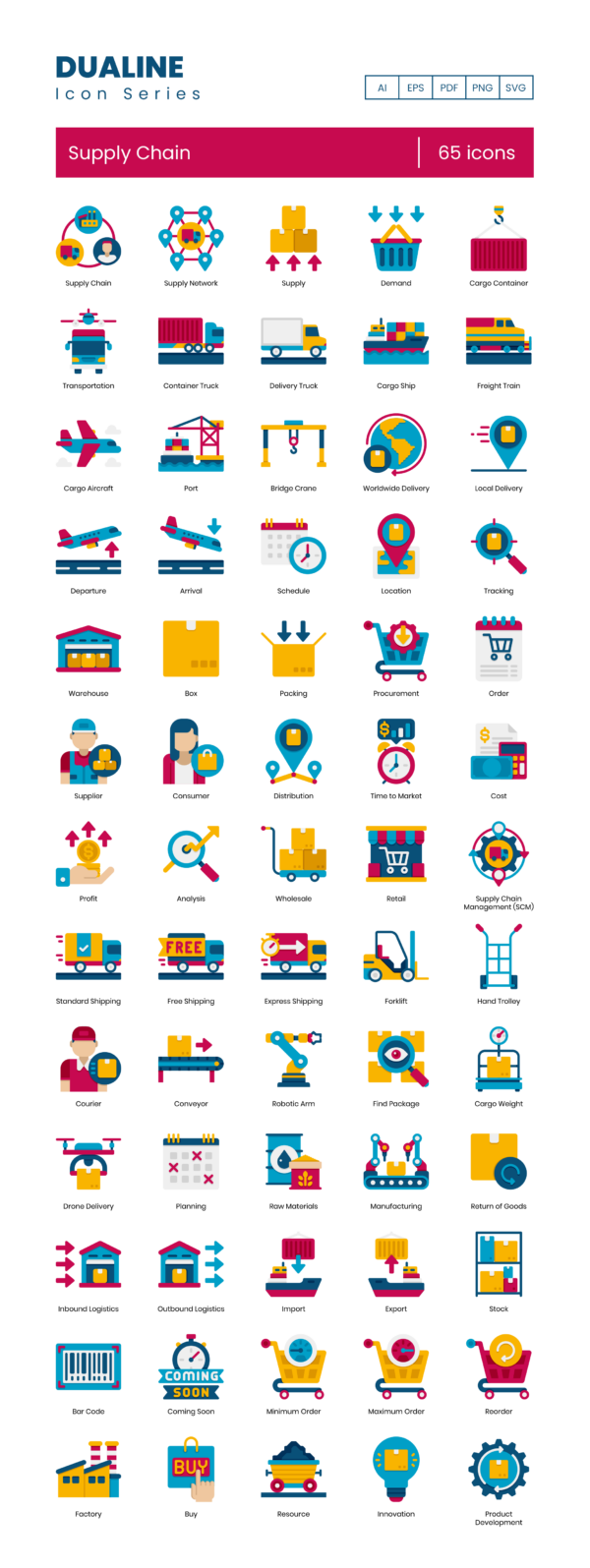 65 Supply Chain Icon Set - Flat Icons