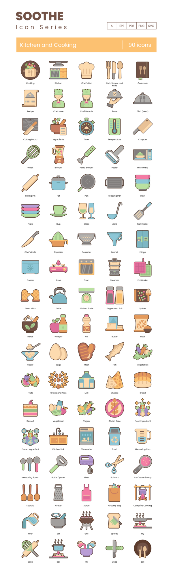 90 Kitchen and Cooking Icon Set - Flat Icons