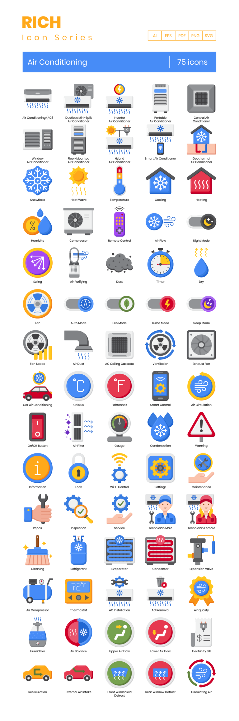 75 Air Conditioning Icon Set - Flat Icons
