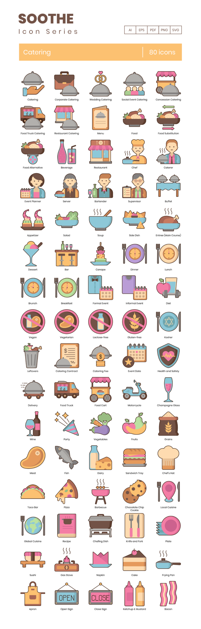 80 Catering Icon Set - Flat Icons