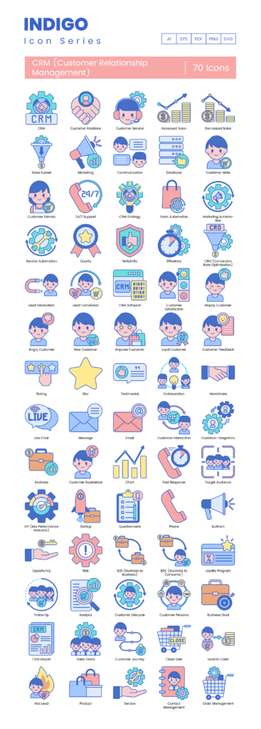 70 Customer Relationship Management Icon Set - Flat Icons