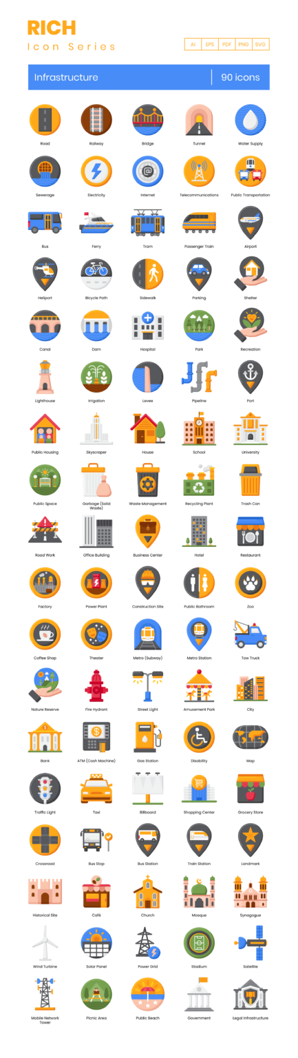 90 Infrastructure Icon Set - Flat Icons