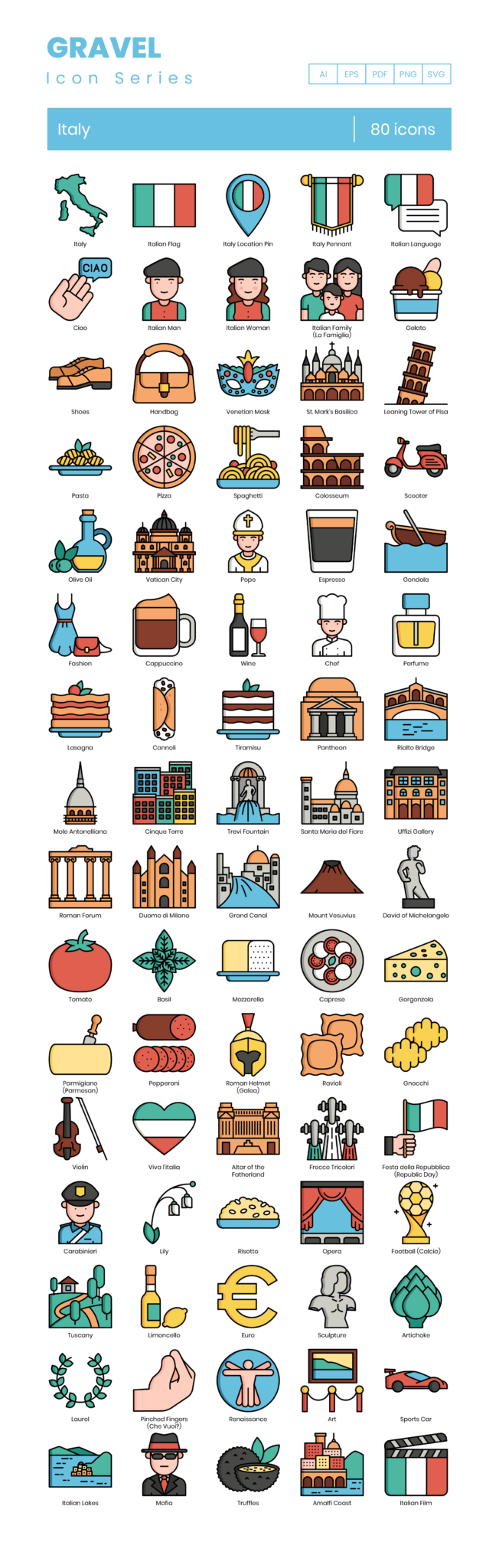 80 Italy Icon Set - Flat Icons