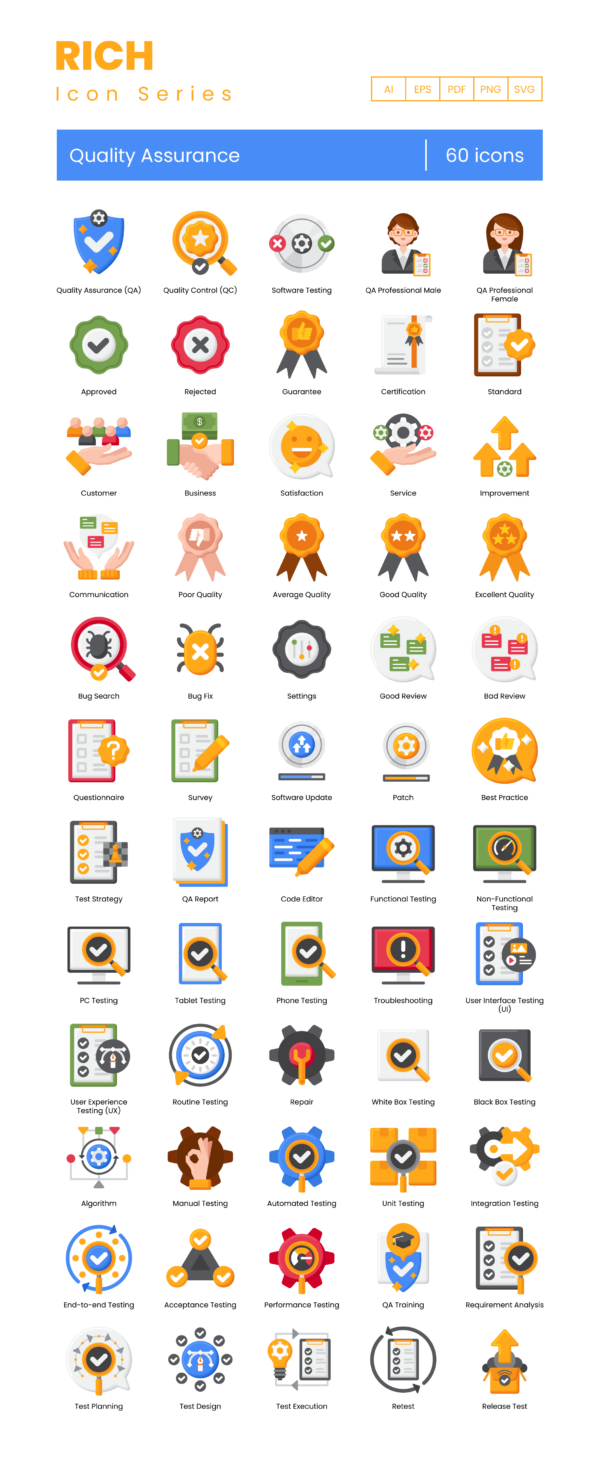 60 Quality Assurance Icon Set - Flat Icons