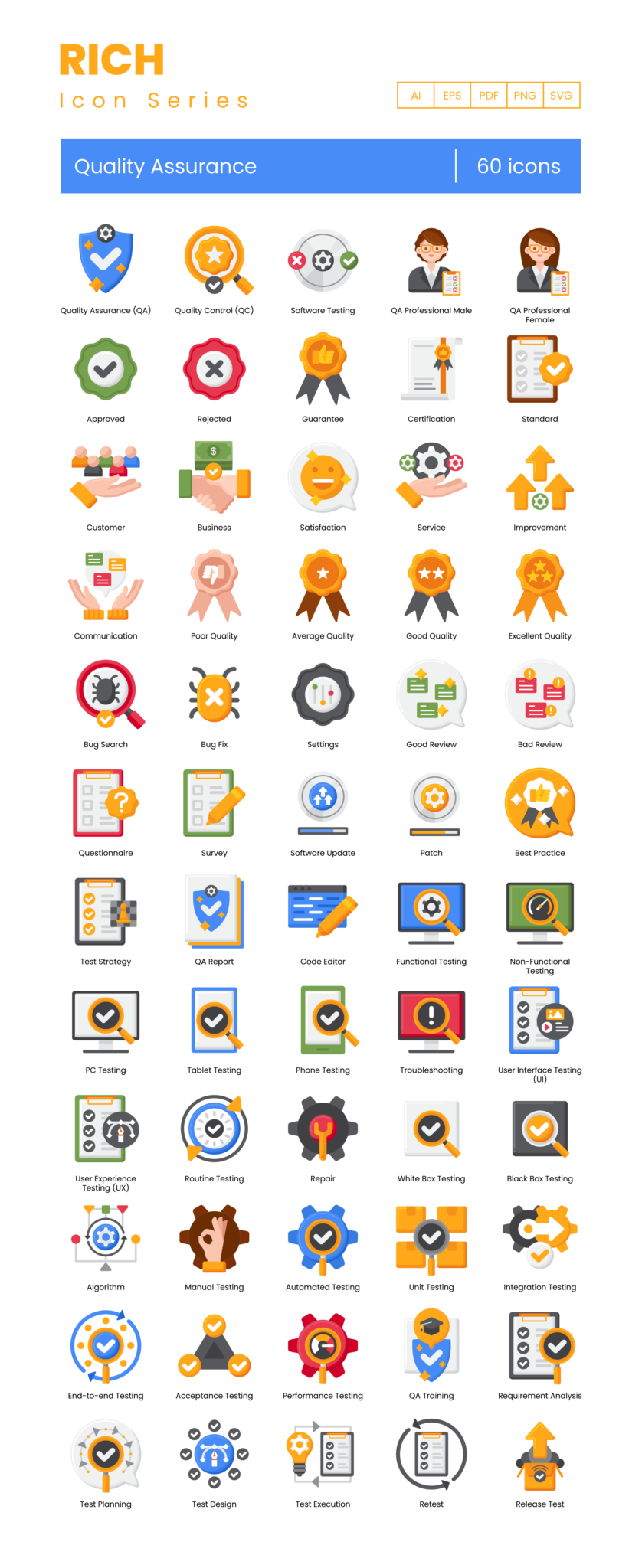60 Quality Assurance Icon Set - Flat Icons