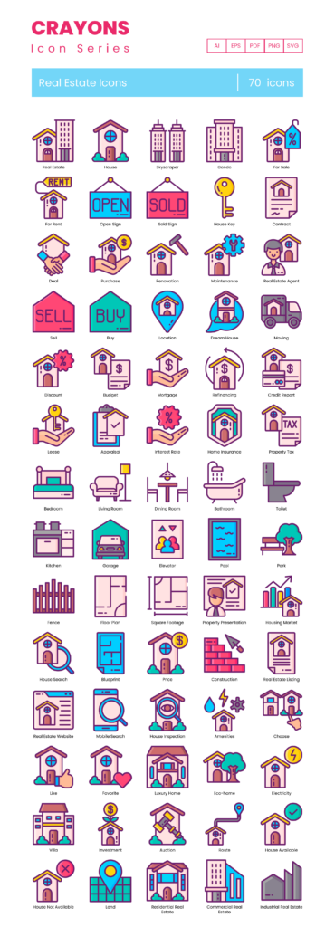70 Real Estate Icon Set - Flat Icons