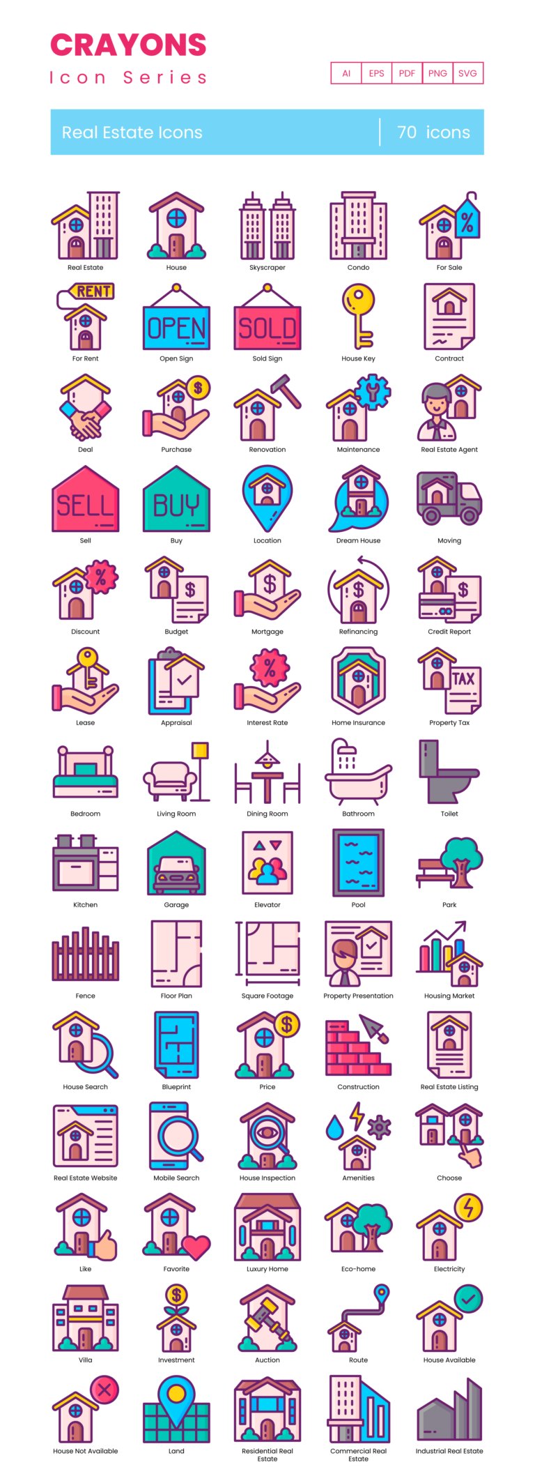 70 Real Estate Icon Set - Flat Icons