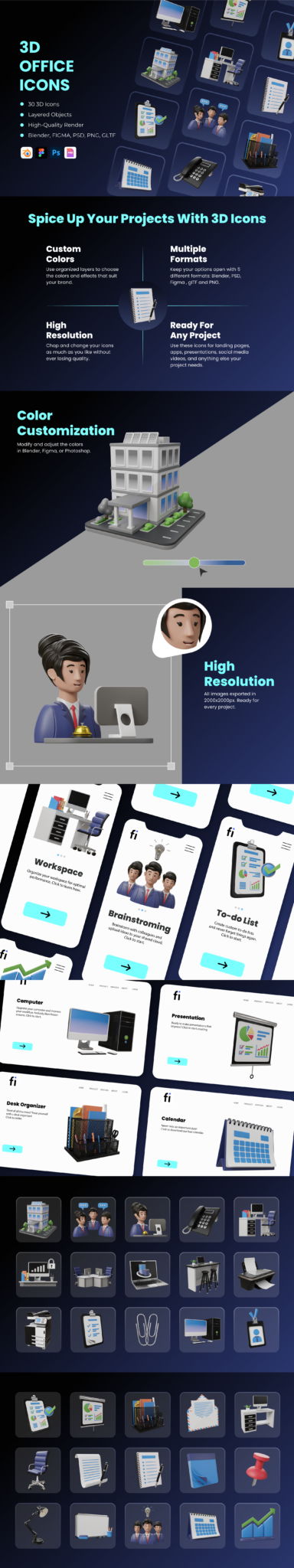 3D Office Icon Set - Flat Icons