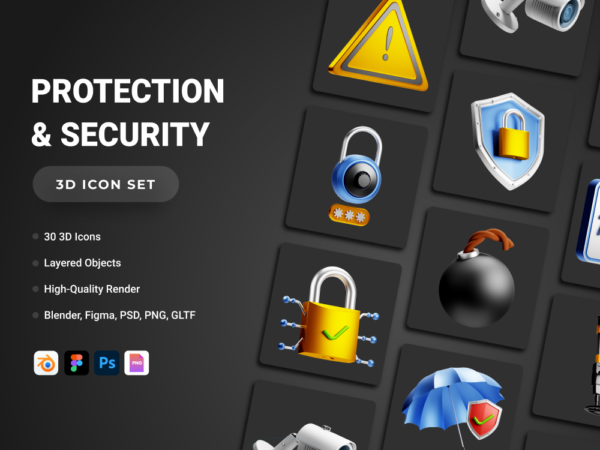 3D Protection and Security Icon Set - Flat Icons