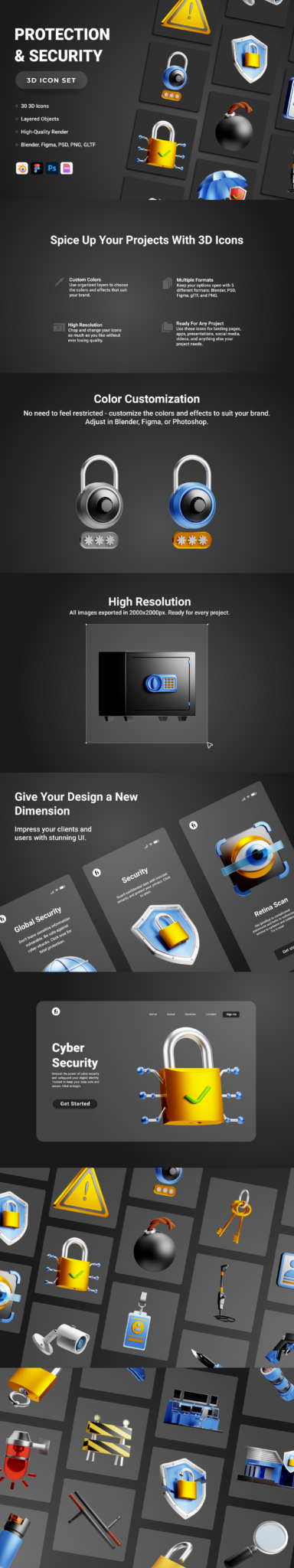 3D Protection and Security Icon Set - Flat Icons